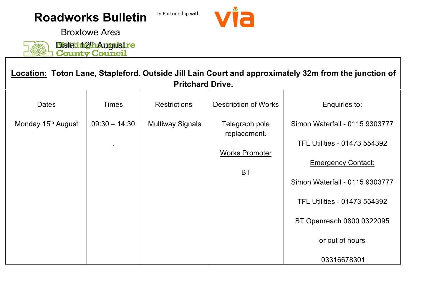 Roadworks Bulletin – Temporary Traffic Signals – Toton Lane, Stapleford ...